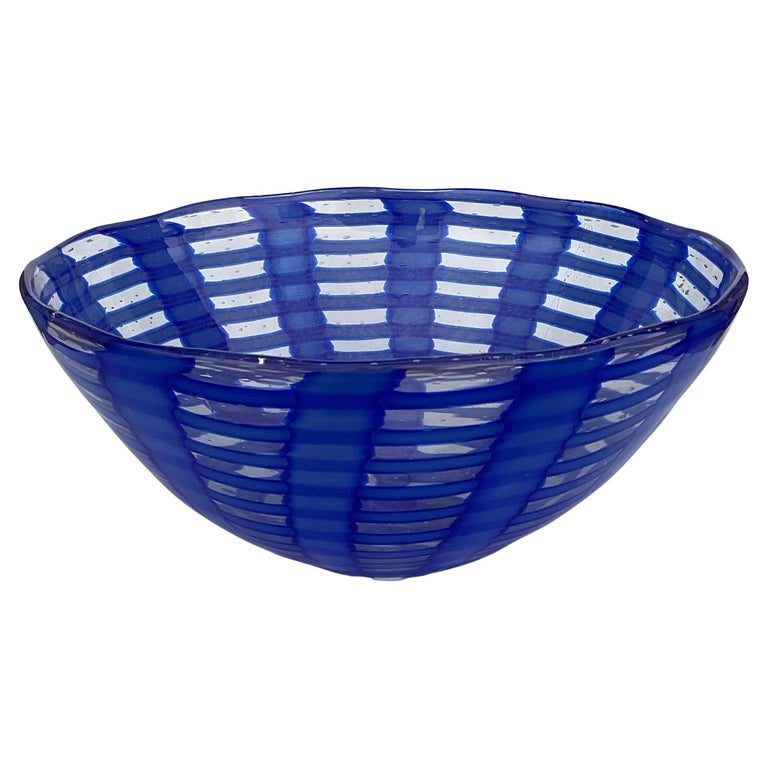 Large Cenedese Murano Signed Art Glass Bowl in Swags of Blue with Gold ...