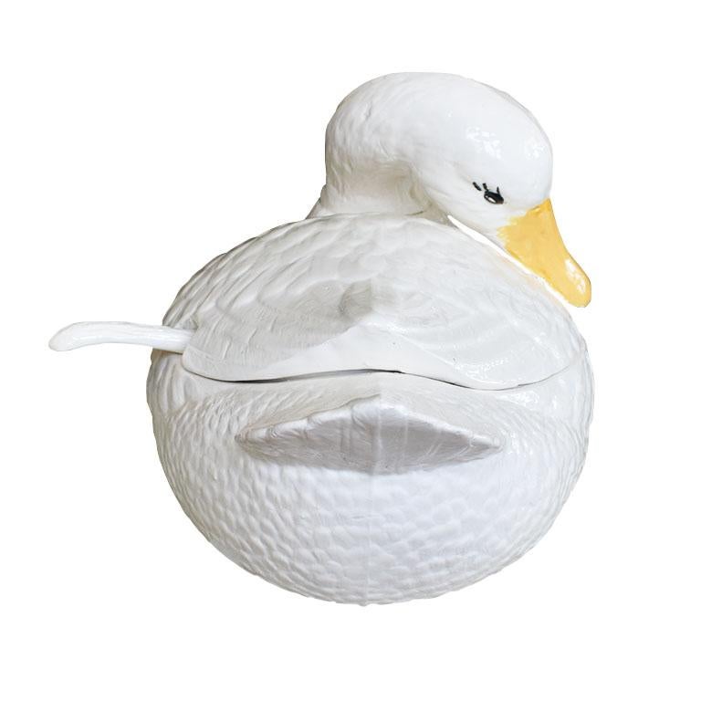 Large Ceramic Cream Painted Covered Duck Tureen with Feather Ladle For ...