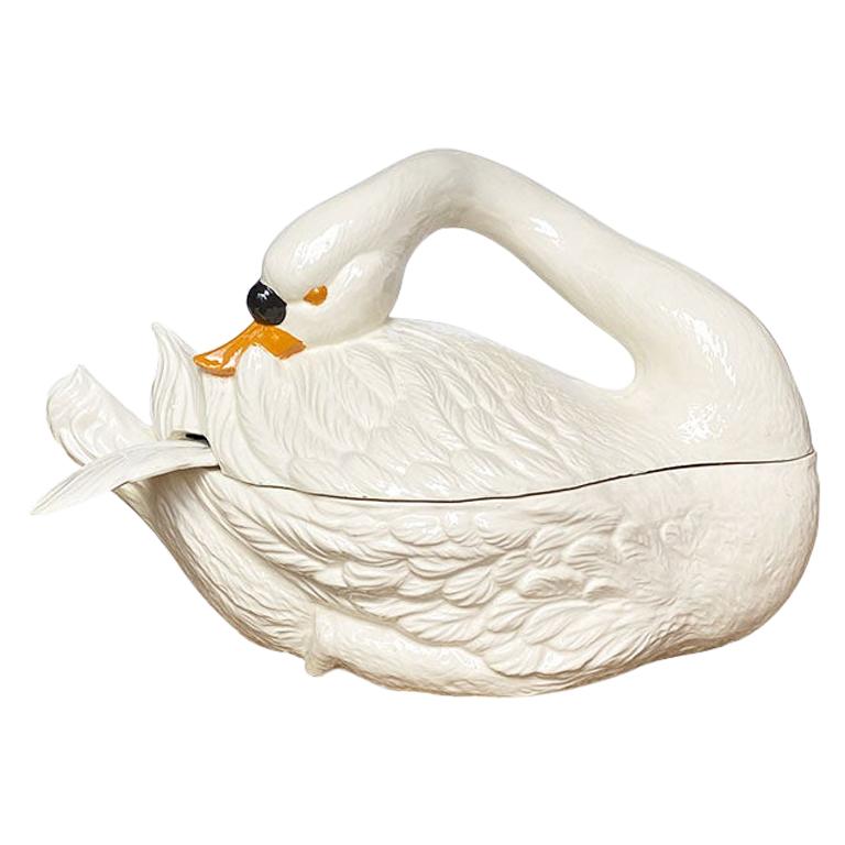 Large Ceramic Cream Painted Covered Swan Tureen with Feather Ladle at ...