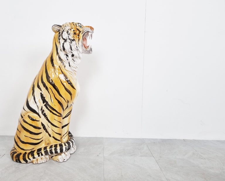 Large Ceramic Hand Painted Tiger, 1970's Italy For Sale at 1stDibs