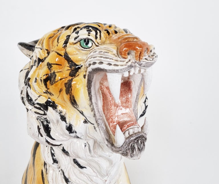 Large Ceramic Hand Painted Tiger, 1970's Italy For Sale at 1stDibs