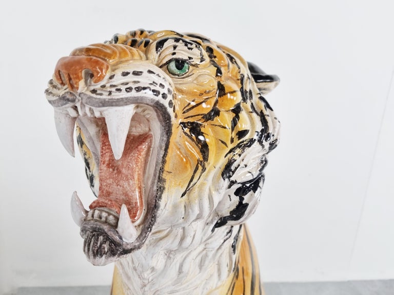 Large Ceramic Hand Painted Tiger, 1970's Italy For Sale at 1stDibs