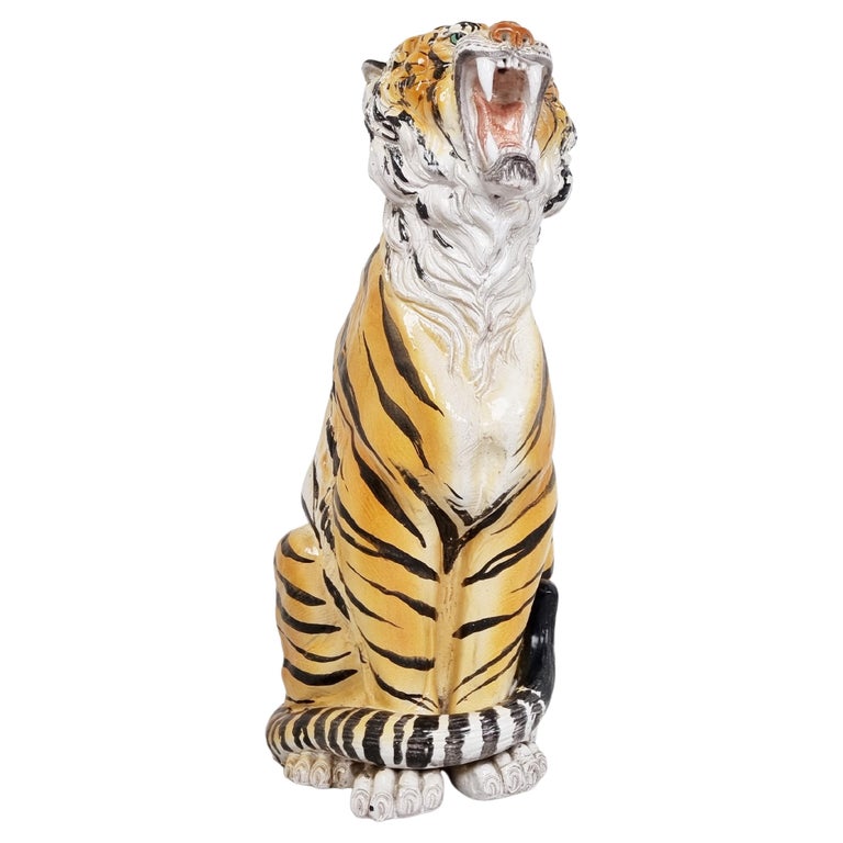 Large Ceramic Hand Painted Tiger, 1970's Italy For Sale at 1stDibs