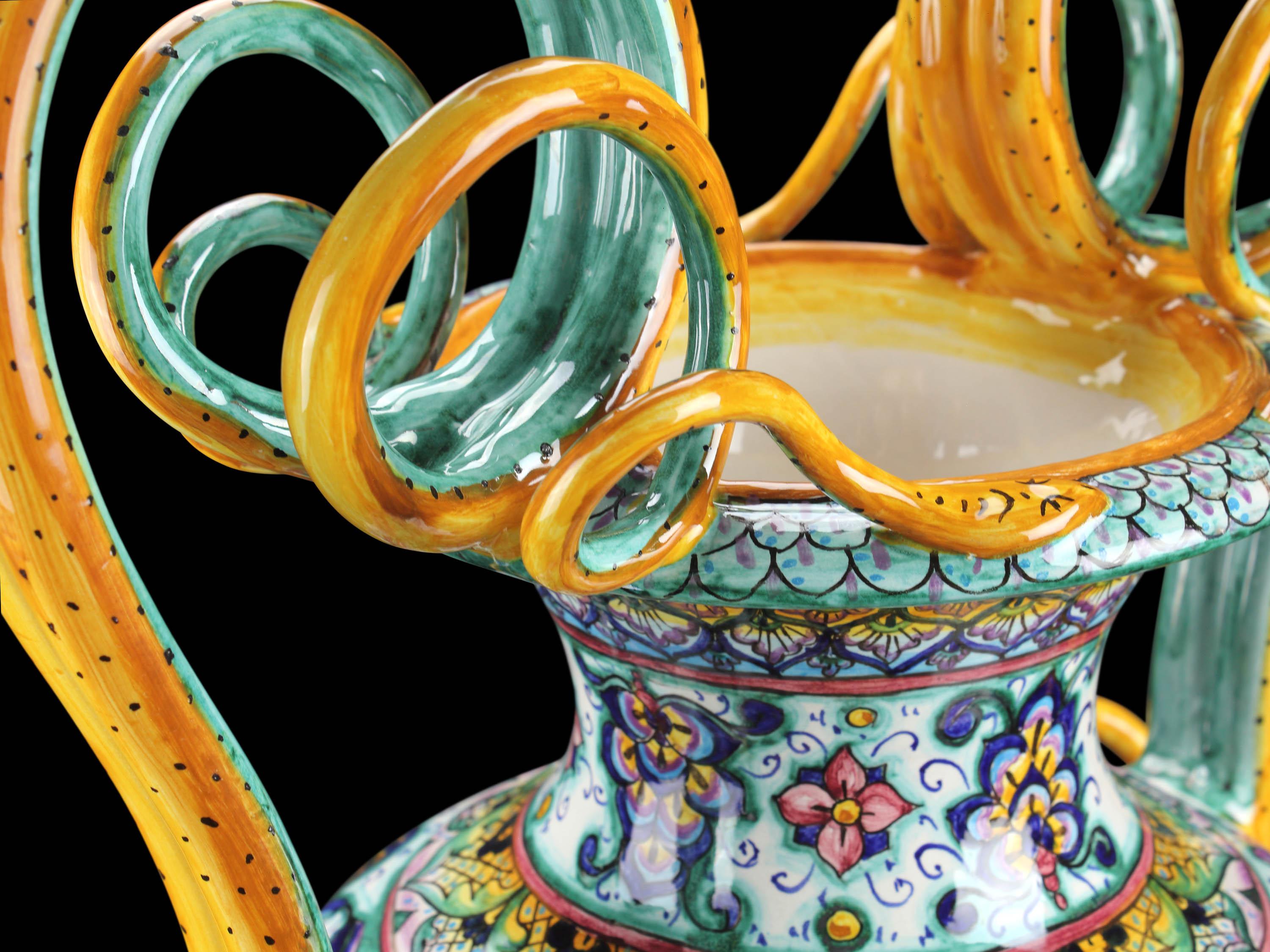 Large Ceramic Vase, Snake Handles Amphora in Majolica Hand Painted ...