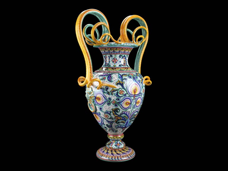 Large Ceramic Vase, Snake Handles Amphora in Majolica Hand Painted ...