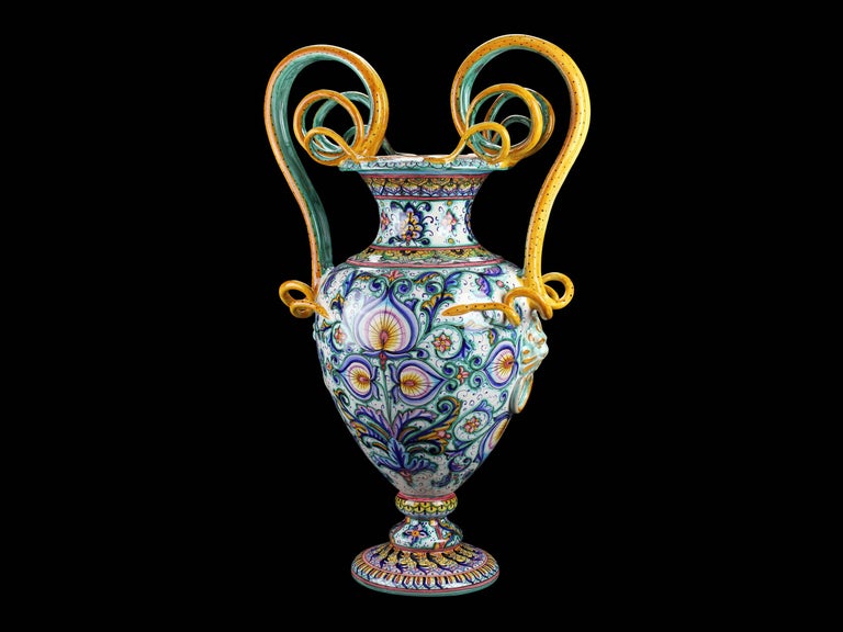 Large Ceramic Vase, Snake Handles Amphora in Majolica Hand Painted ...
