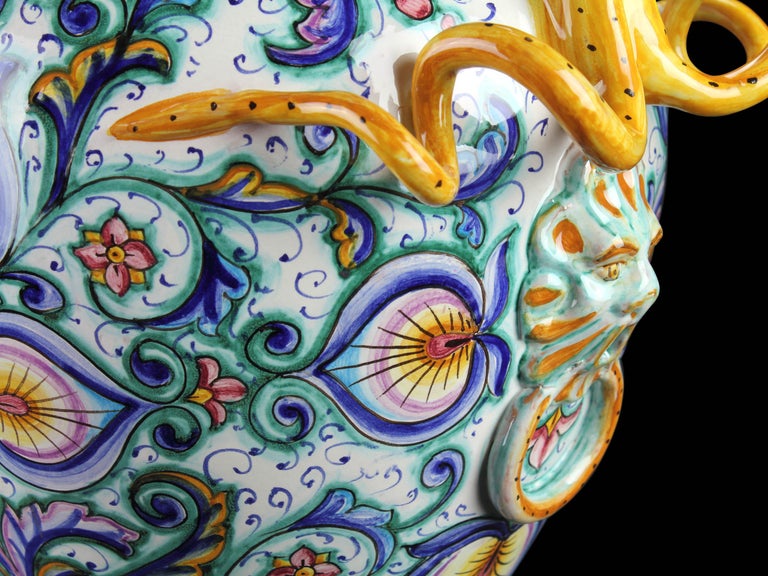 Large Ceramic Vase, Snake Handles Amphora in Majolica Hand Painted ...