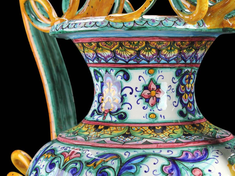 Large Ceramic Vase, Snake Handles Amphora in Majolica Hand Painted ...