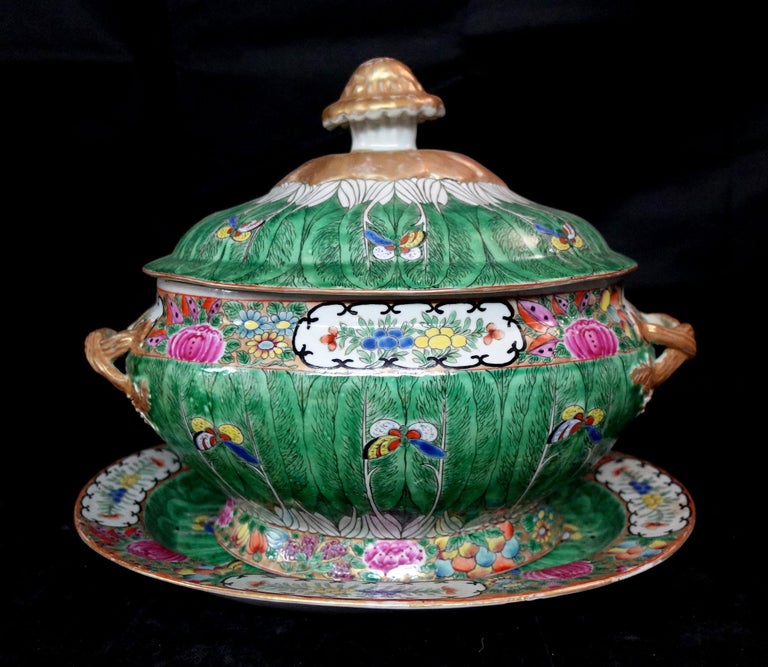 Large Chinese Antique Famille Cabbage Leaf Porcelain Tureen and Platter ...