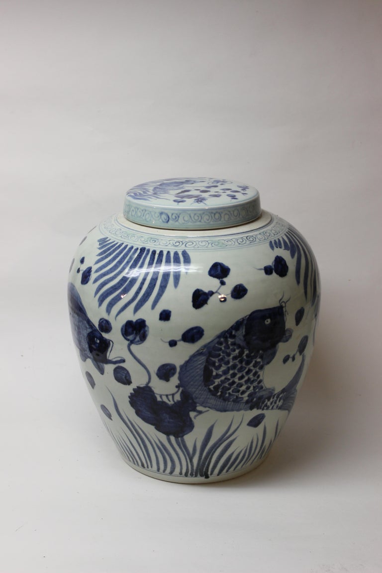 Large Chinese Blue and White Ginger Jar with Lid at 1stDibs
