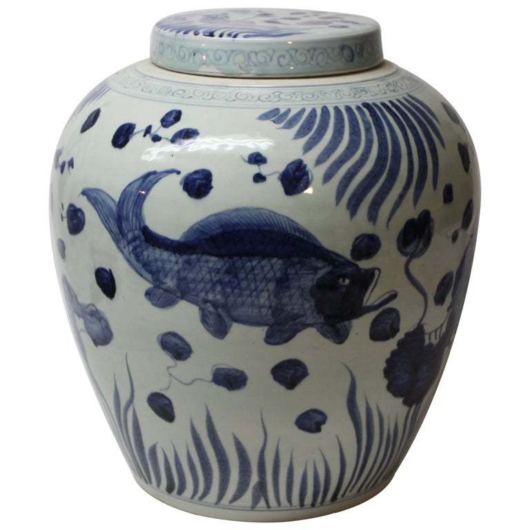 Large Chinese Blue and White Ginger Jar with Lid at 1stDibs