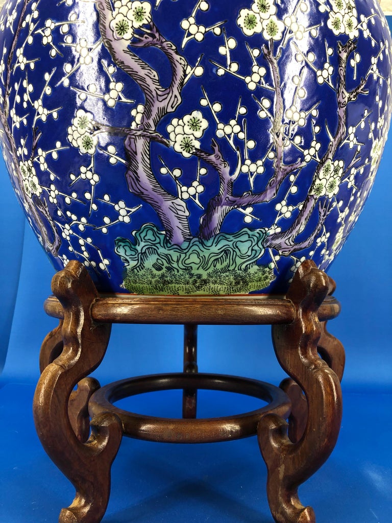 Large Chinese Blue Decorated Porcelain Jardinieres Planter on Wooden ...
