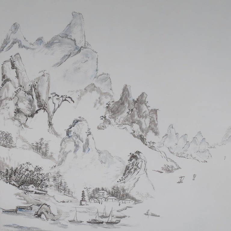 Large Chinese Contemporary Animated Landscape Signed Panel Painted on ...
