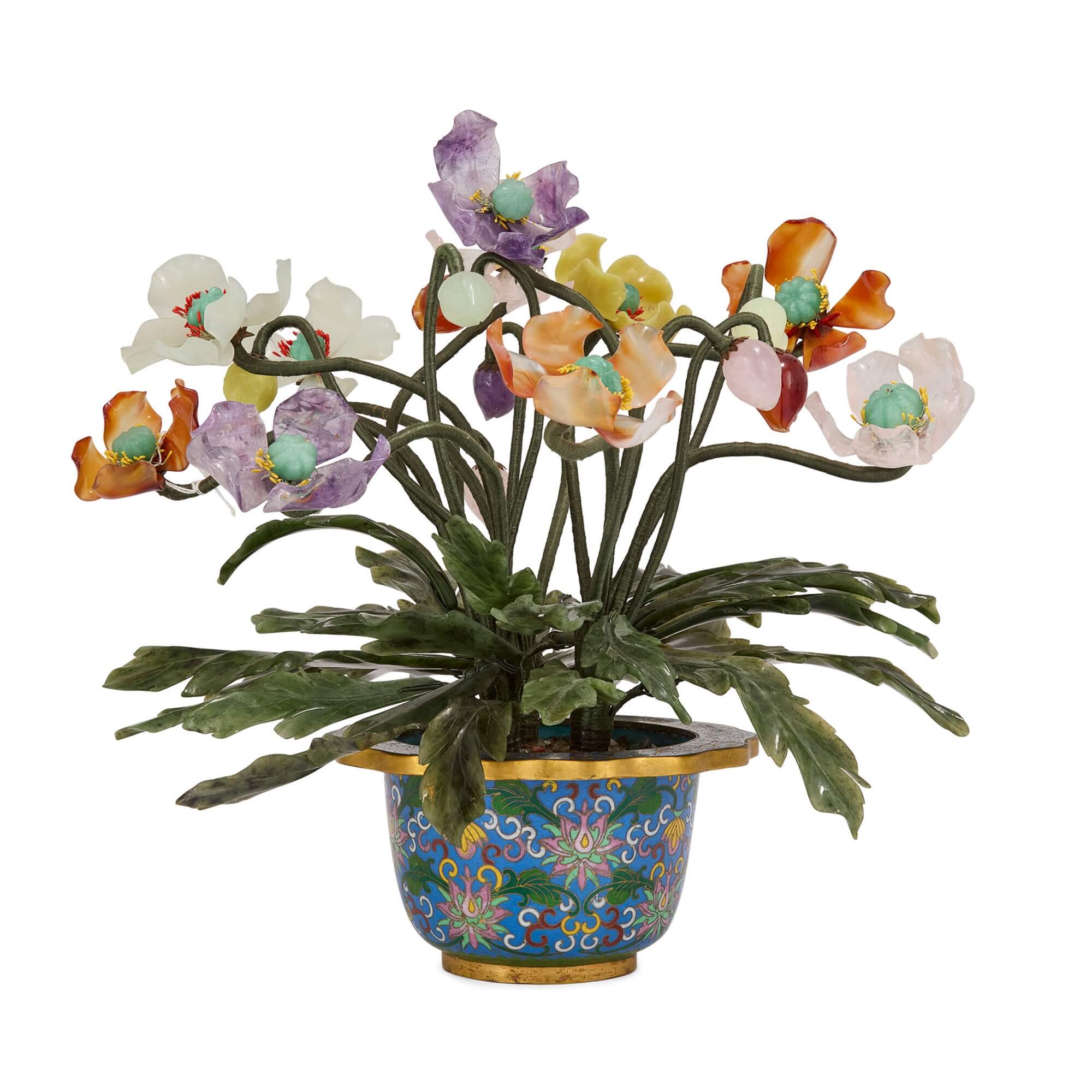 Chinese Agate, Jade and Rose Quartz Flower Model in a Cloisonné Enamel ...