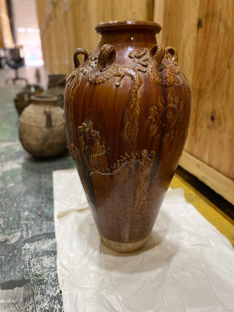 Large Chinese Ochre Brown Glaze Martaban Jar with Dragon Motifs For ...