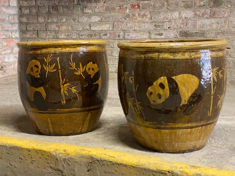 Large Chinese Pottery Bamboo and Panda Decorated Planters, Pair For ...