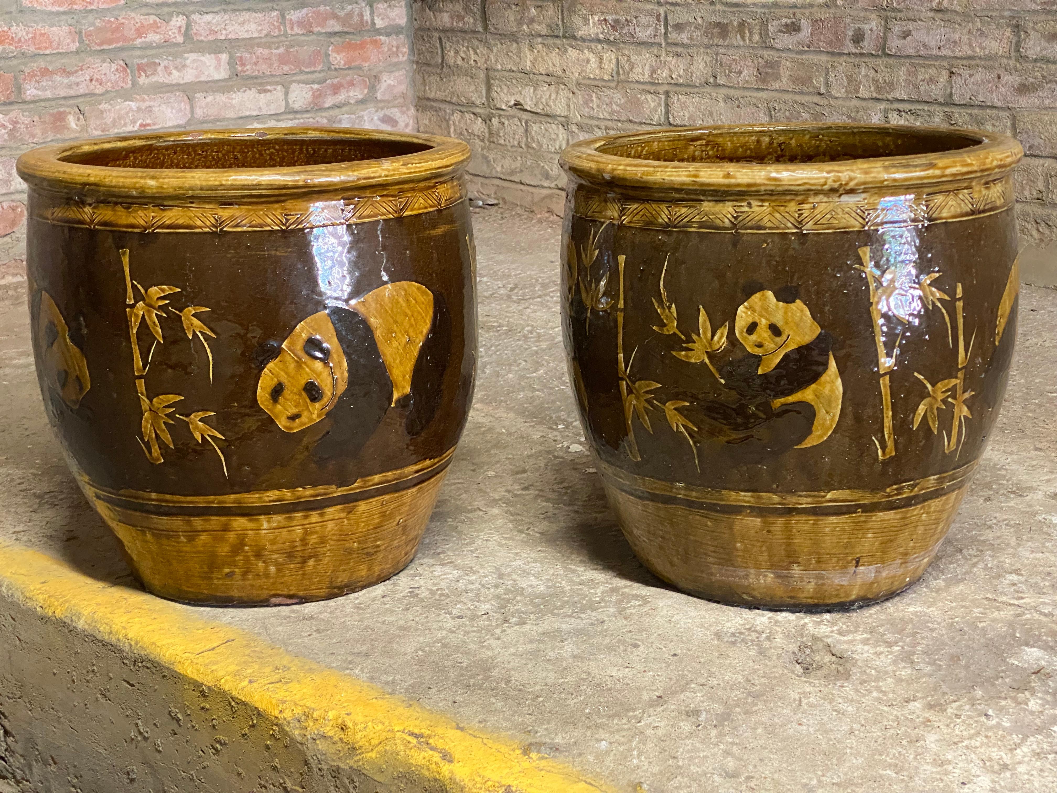 Large Chinese Pottery Bamboo and Panda Decorated Planters, Pair For ...