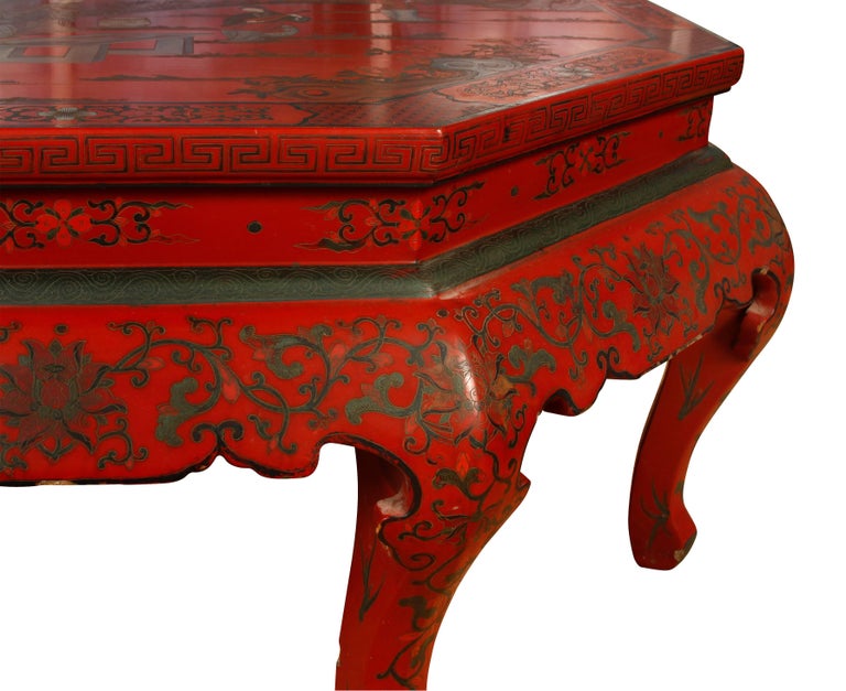 Large Chinese Style Octagonal Red Lacquer Scenic Coffee Table at ...