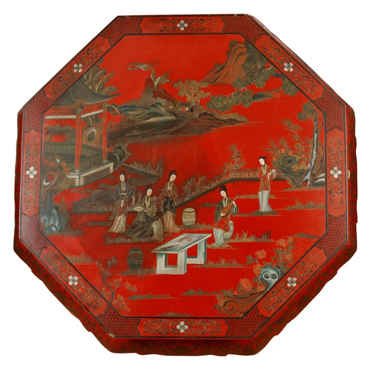 Large Chinese Style Octagonal Red Lacquer Scenic Coffee Table at ...