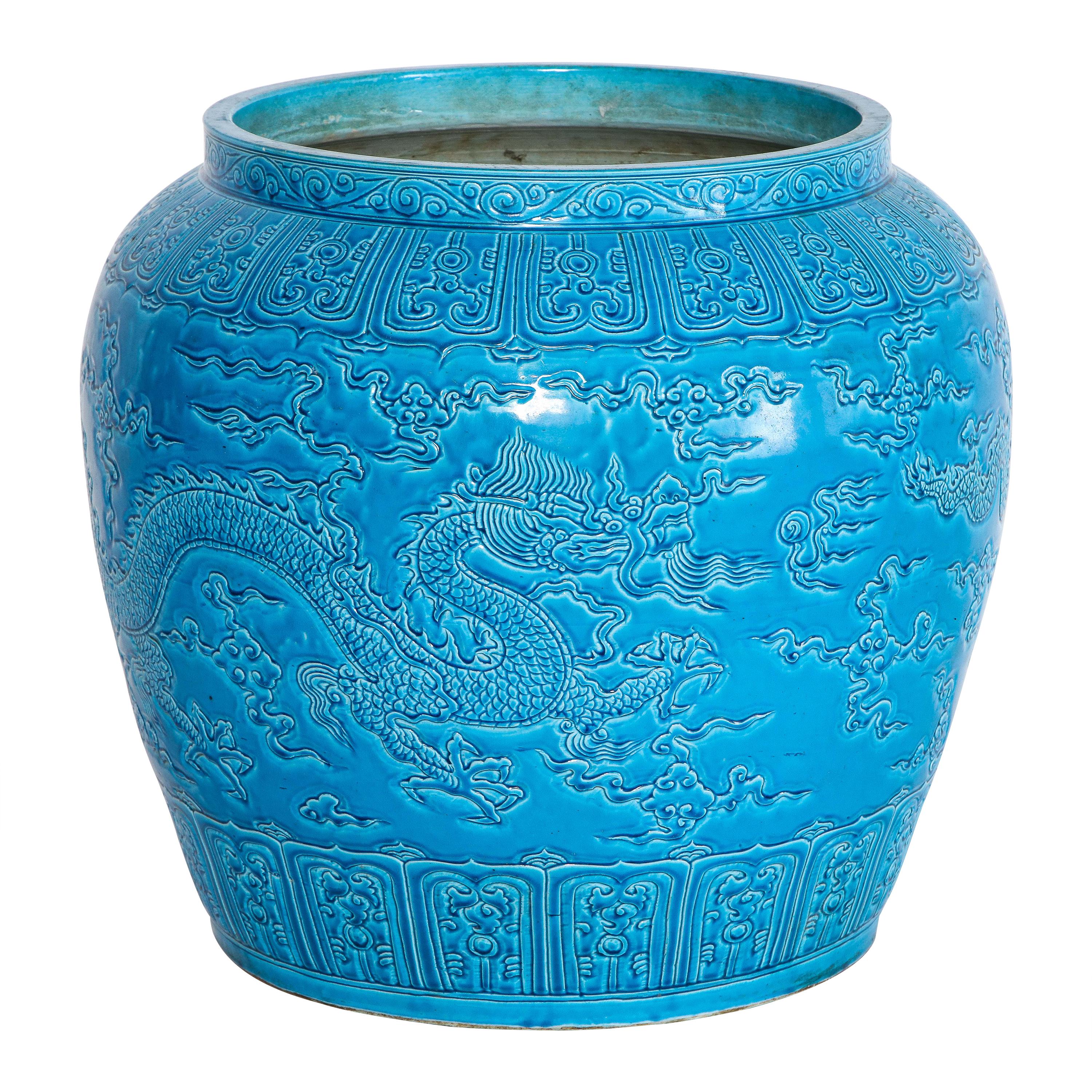 Large Chinese Turquoise Blue Ground Five-Claw Dragon Planter/Jardinière ...