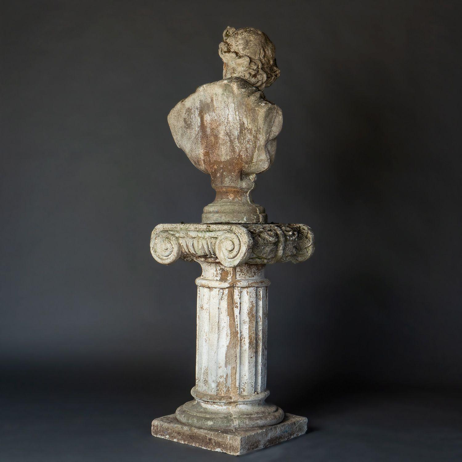 Large Classical Bust on Ionic Column Pedestal, Weathered Garden Statue ...