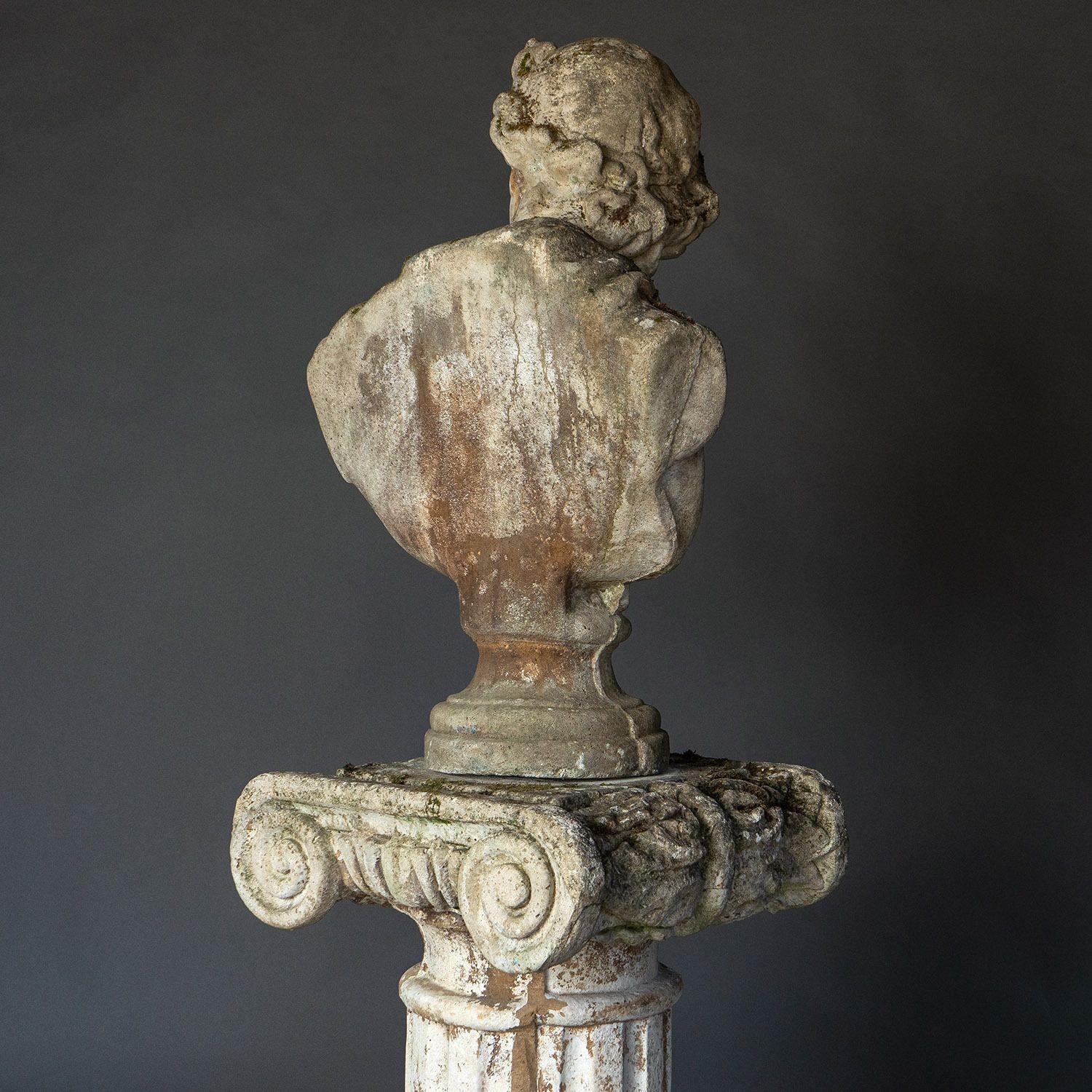 Large Classical Bust on Ionic Column Pedestal, Weathered Garden Statue ...