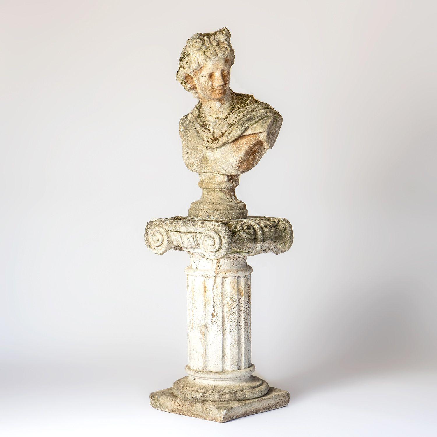 Large Classical Bust on Ionic Column Pedestal, Weathered Garden Statue ...