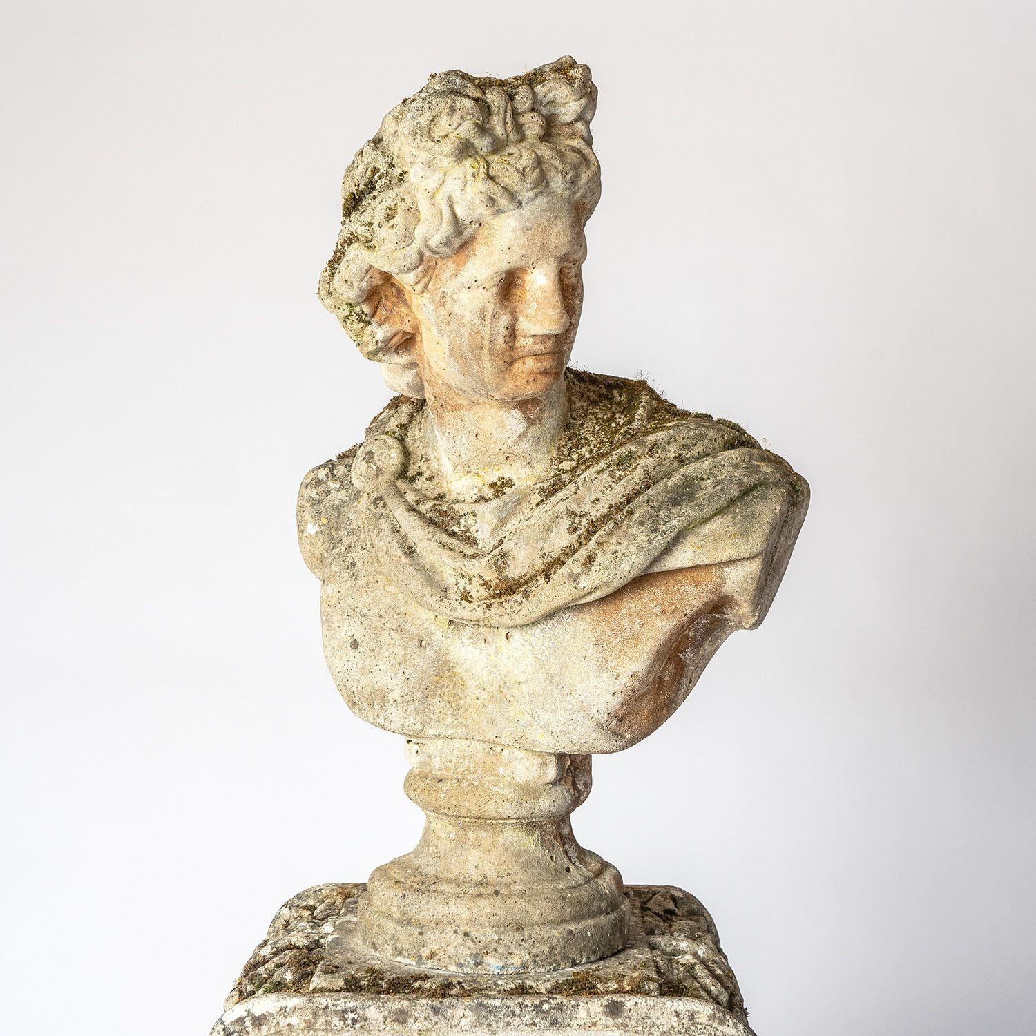 Large Classical Bust on Ionic Column Pedestal, Weathered Garden Statue ...
