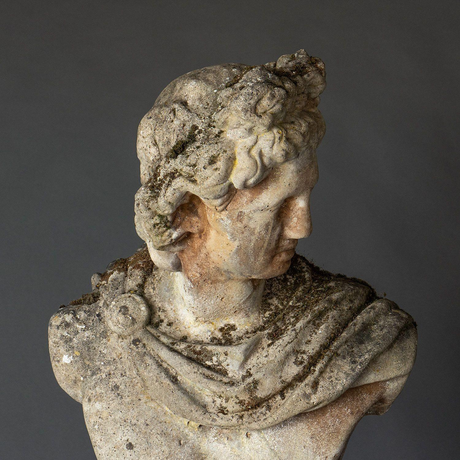 Large Classical Bust on Ionic Column Pedestal, Weathered Garden Statue ...