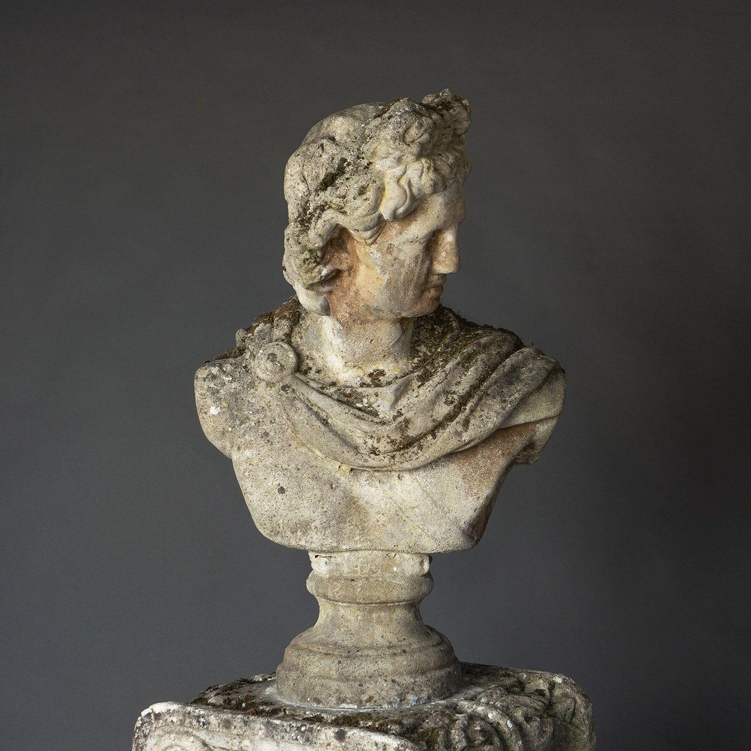Large Classical Bust on Ionic Column Pedestal, Weathered Garden Statue ...