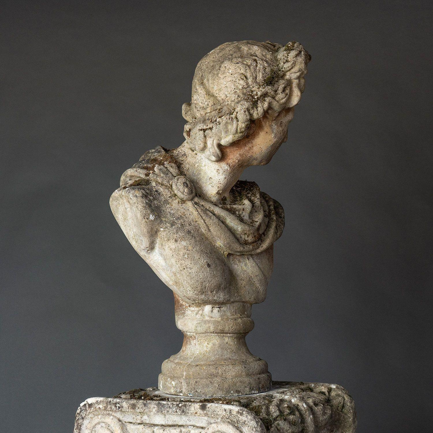 Large Classical Bust on Ionic Column Pedestal, Weathered Garden Statue ...