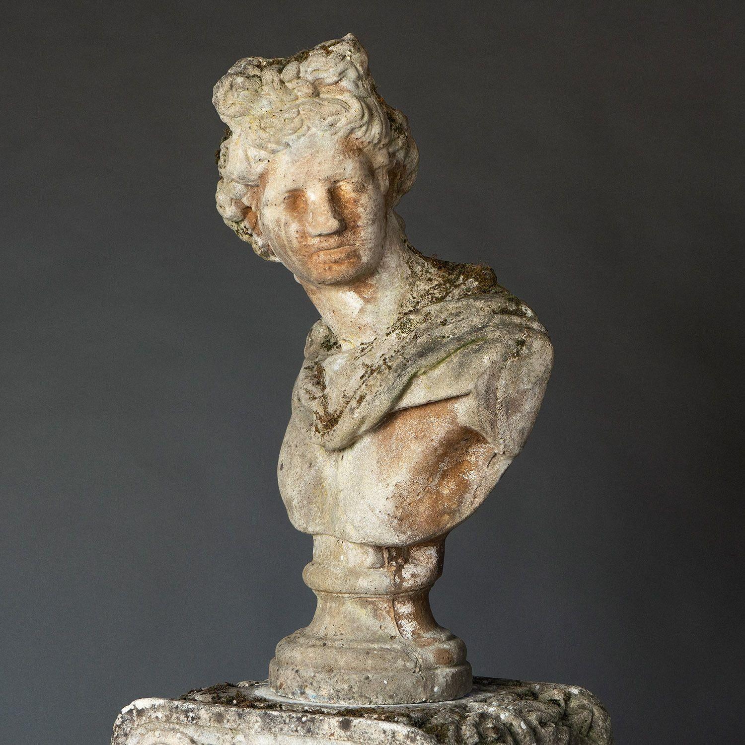 Large Classical Bust on Ionic Column Pedestal, Weathered Garden Statue ...