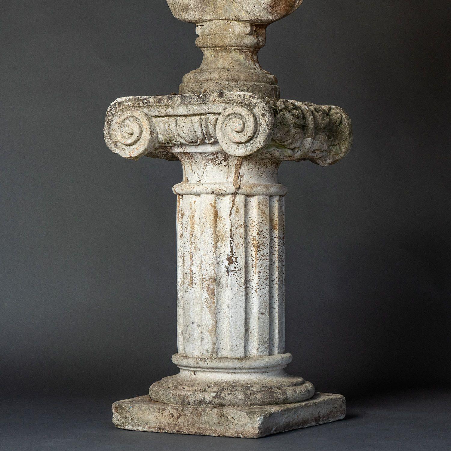 Large Classical Bust on Ionic Column Pedestal, Weathered Garden Statue at 1stDibs