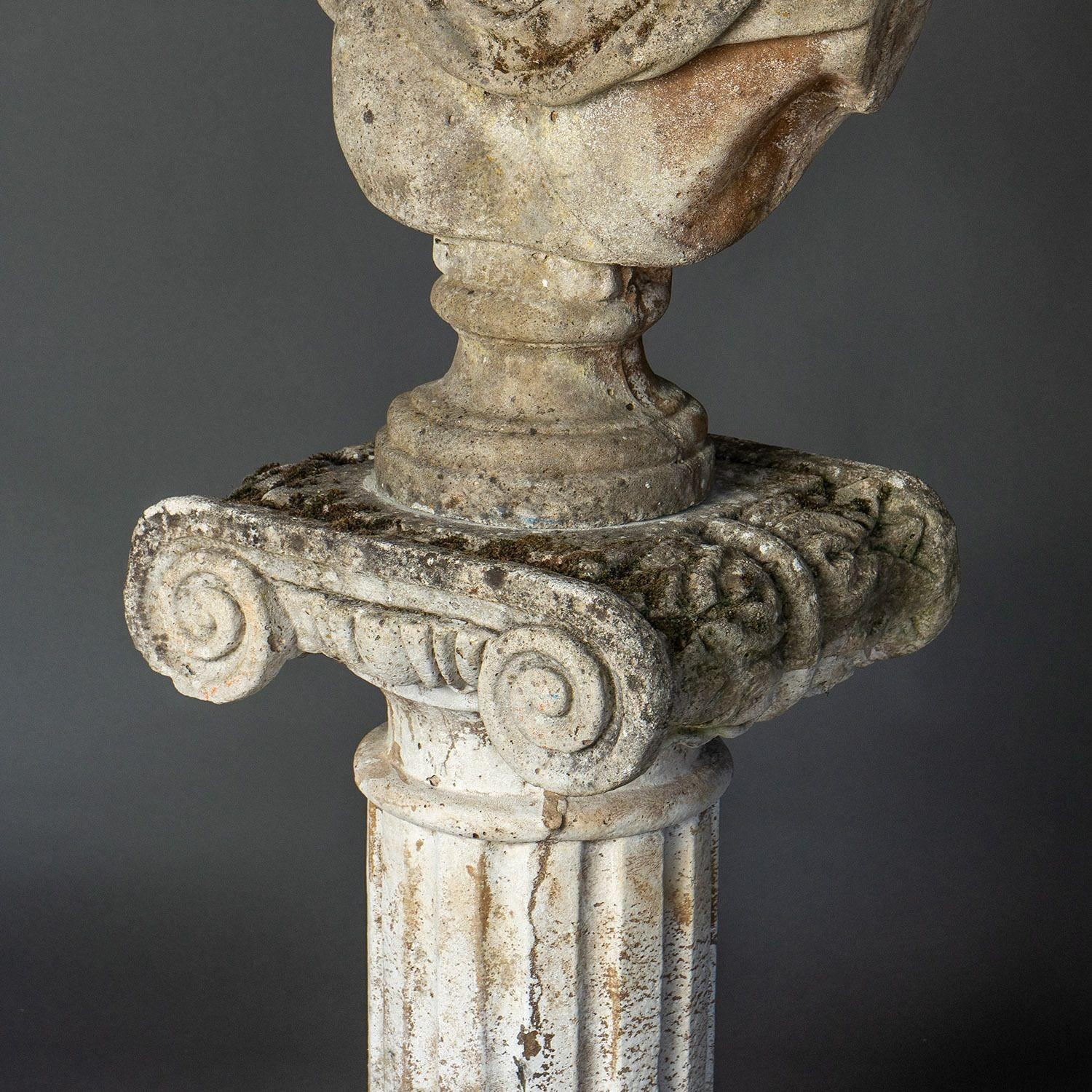 Large Classical Bust on Ionic Column Pedestal, Weathered Garden Statue ...