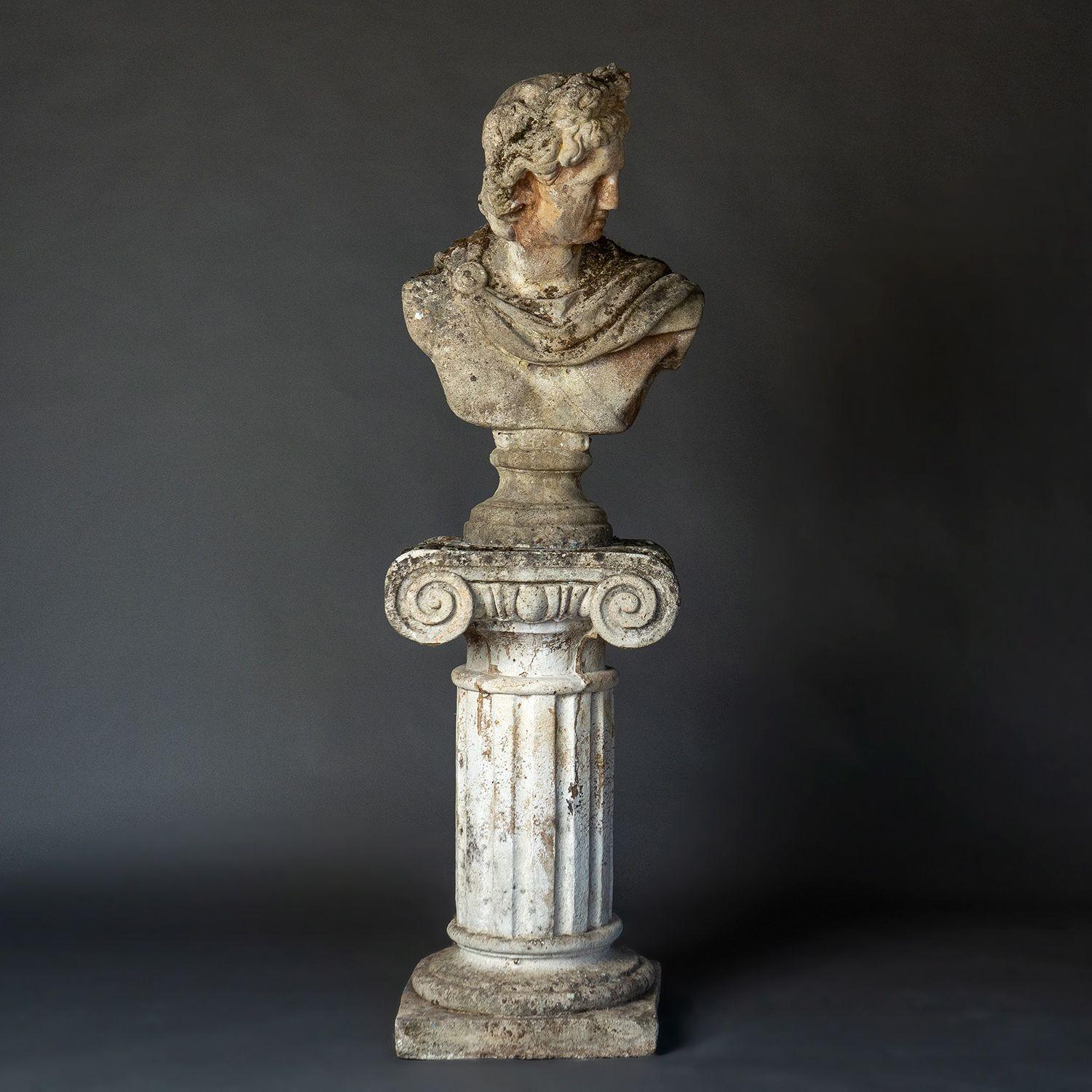 Large Classical Bust on Ionic Column Pedestal, Weathered Garden Statue ...