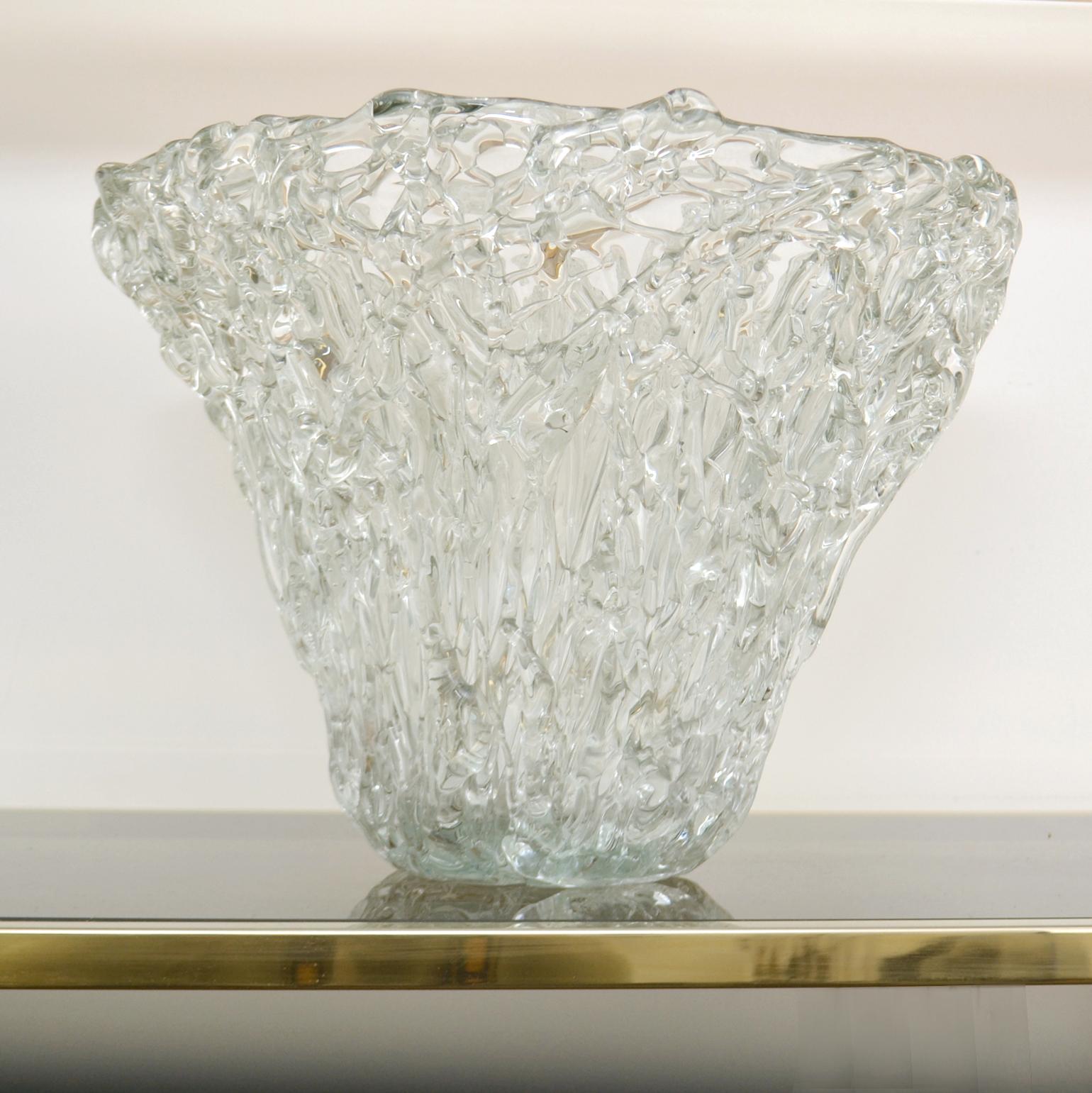 Large Clear Glass Vessel with Abstract Texture by Mihai Topescu at 1stDibs