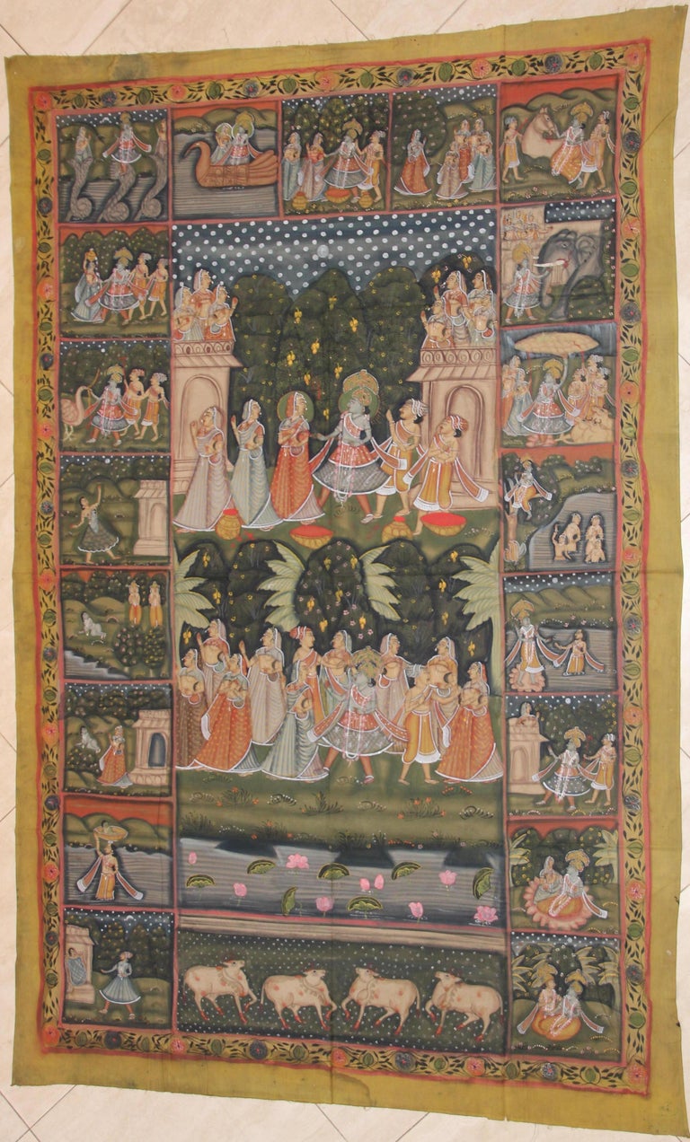 Large Colorful Pichhavai Silk Asian Painting with Krishna and Radha For ...