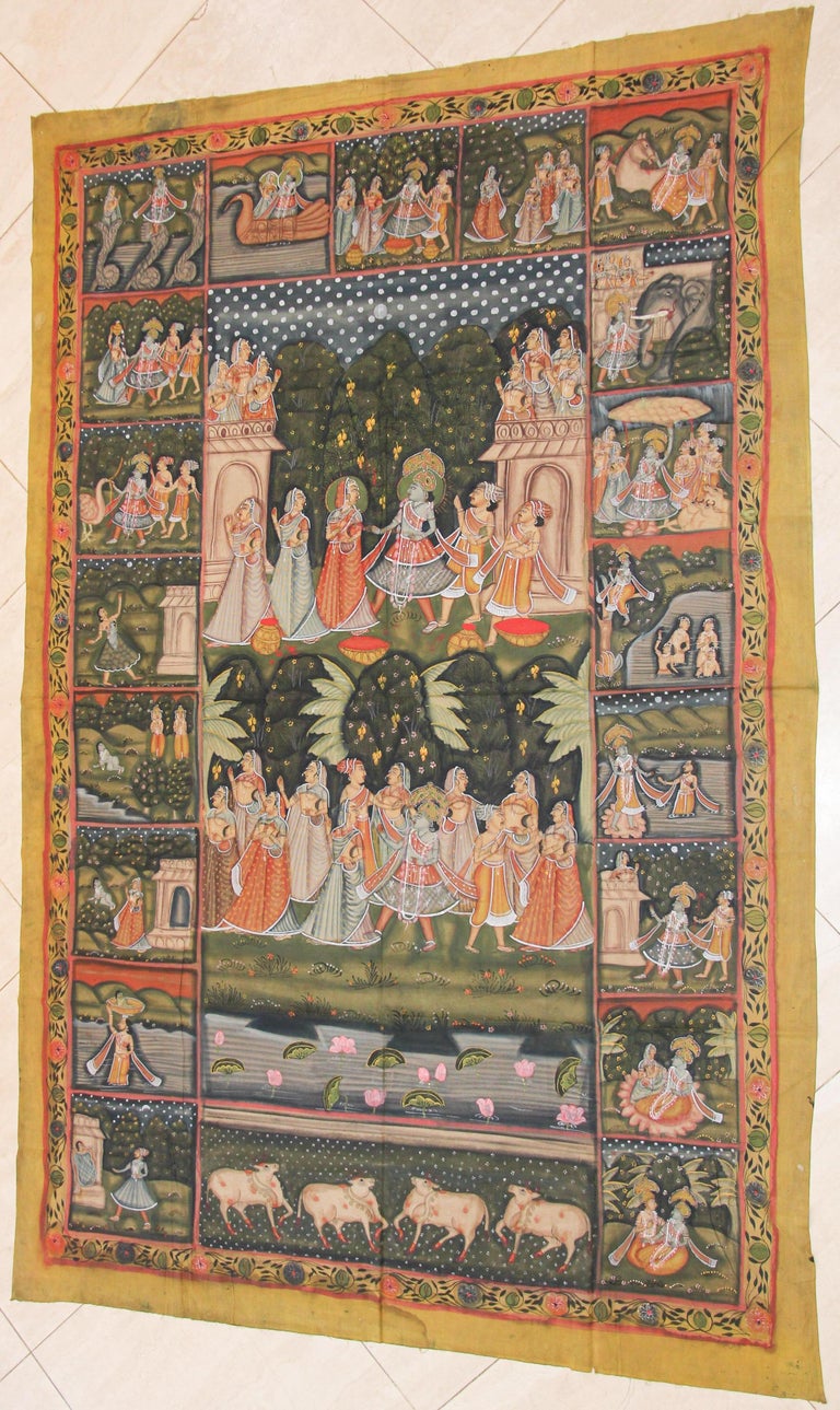 Large Colorful Pichhavai Silk Asian Painting with Krishna and Radha For ...
