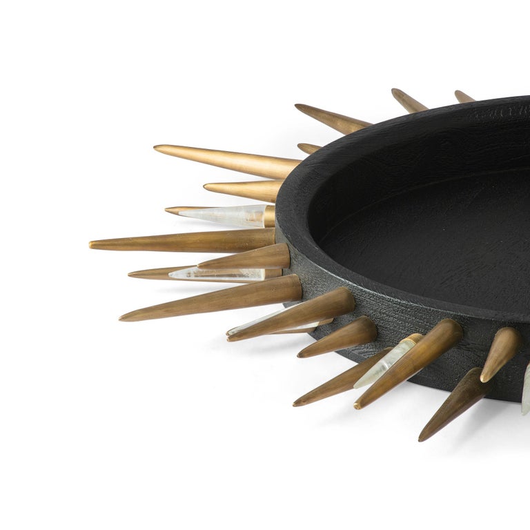 Piton Tray, Large Charred Oak Tray with Brass and Quartz Spikes For ...