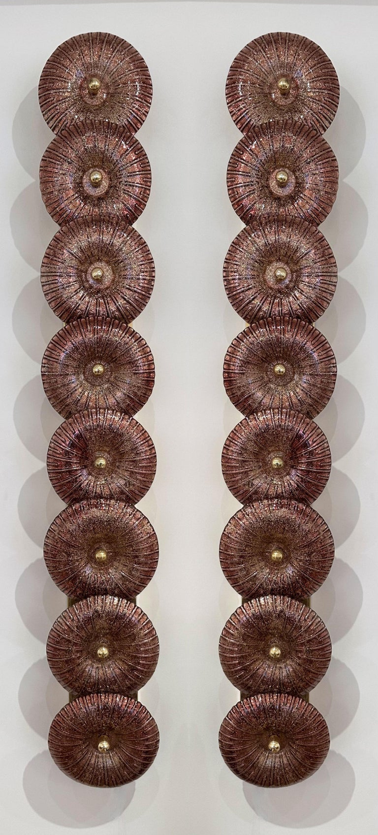 Large Contemporary Pair of Brass Pink Gold Leaf Murano Glass Sconces ...