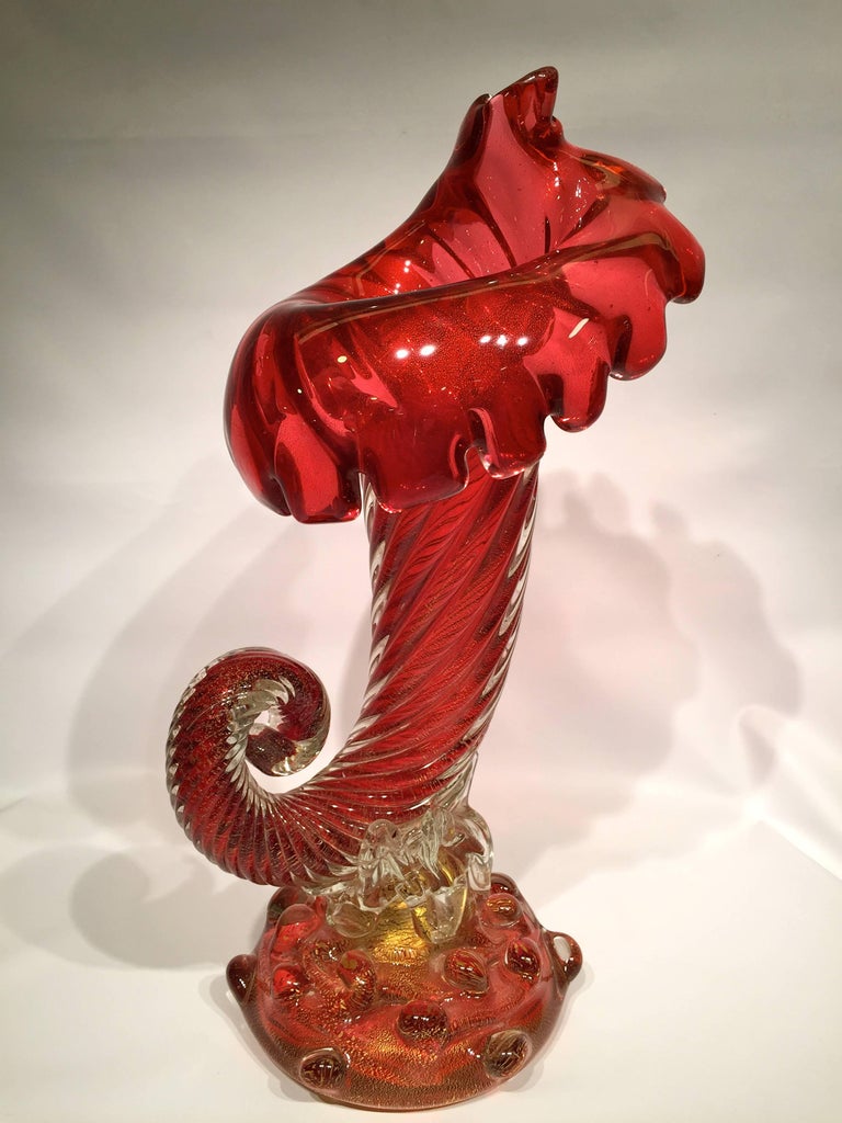 Large Cornucopia in Artistic Blown Murano Glass Red Gold Vase, circa ...