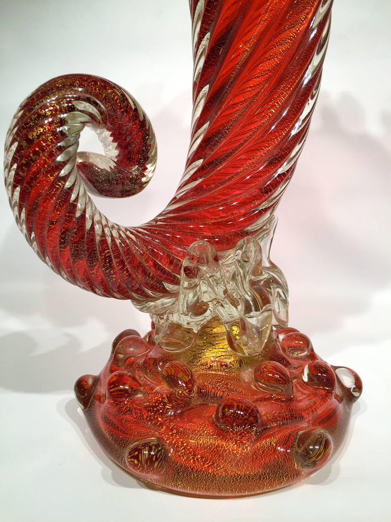 Large Cornucopia in Artistic Blown Murano Glass Red Gold Vase, circa ...