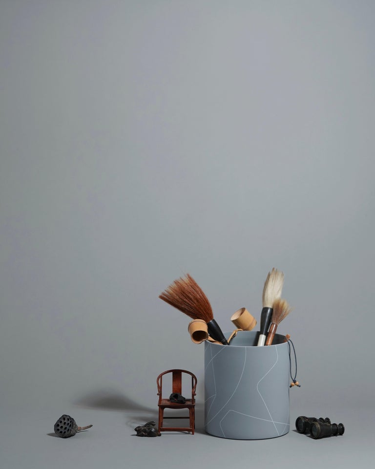 Large Light Grey Cylinder Ceramic Vase with Graphic Line Pattern For ...