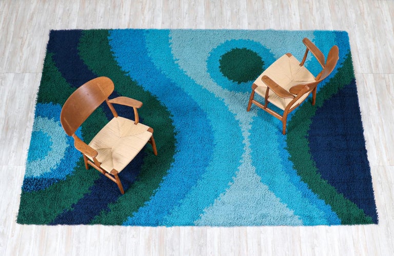 Large Danish Modern Hand-Knotted Blue/Green Wool Rug by Rya at 1stDibs
