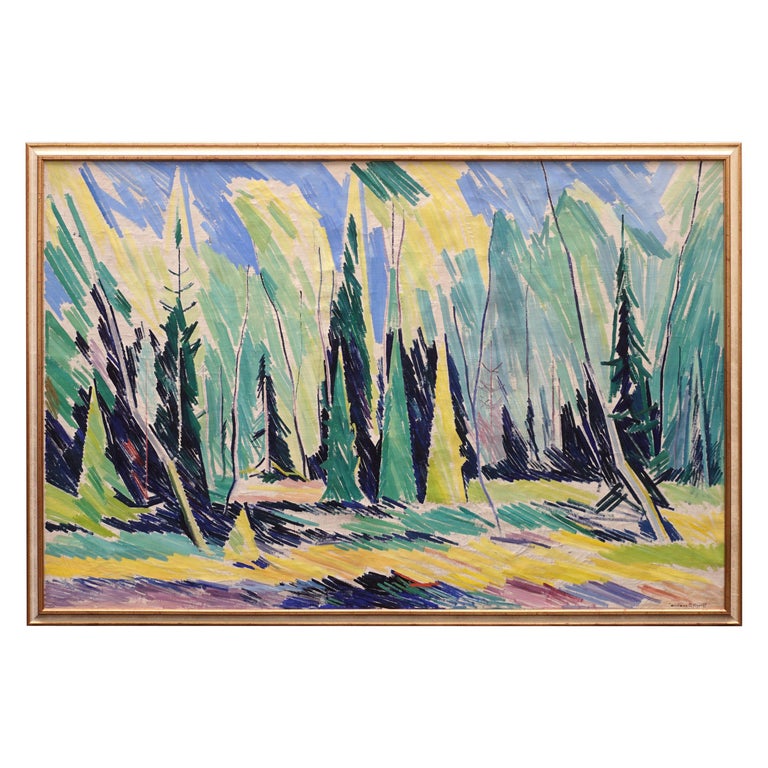 Large Danish Modern Painting Forest Scenery, Oil on Canvas, by William ...