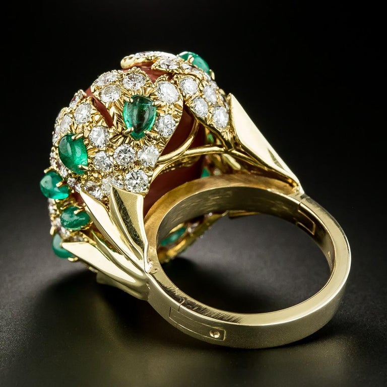 Large David Webb Coral, Emerald, and Diamond Ring For Sale at 1stDibs