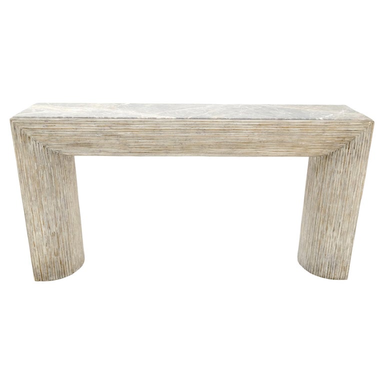 Large Decorative Carved White Washed Wood Marble Top Console Sofa Table ...