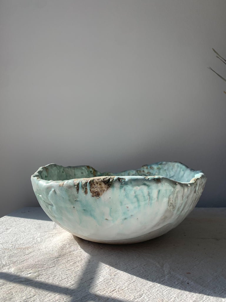 Large Decorative Coil-Built Ceramic Bowl, White with Copper Oxide Wash ...