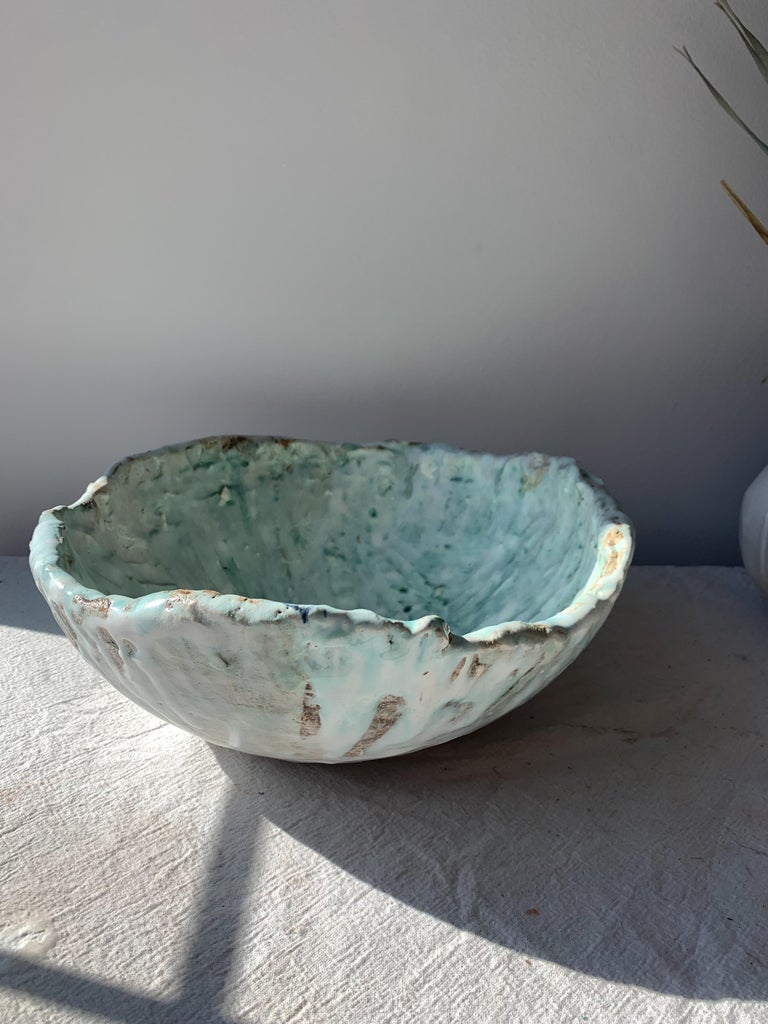 Large Decorative Coil-Built Ceramic Bowl, White with Copper Oxide Wash ...