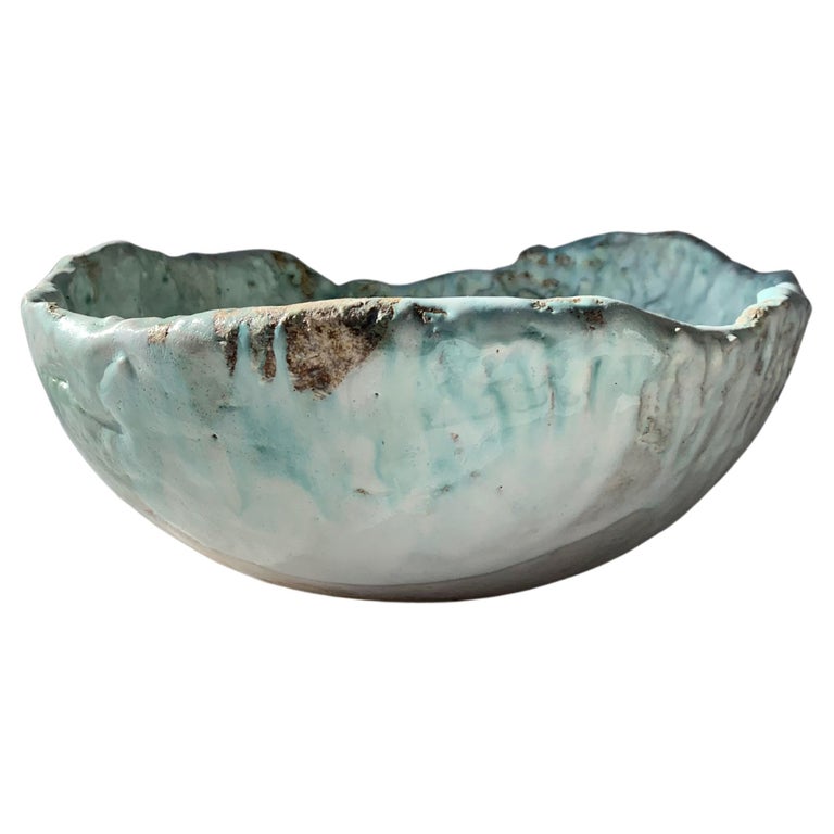 Large Decorative Coil-Built Ceramic Bowl, White with Copper Oxide Wash ...